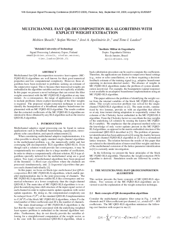 (PDF) MULTICHANNEL FAST QR-DECOMPOSITION RLS ALGORITHMS WITH EXPLICIT WEIGHT EXTRACTION