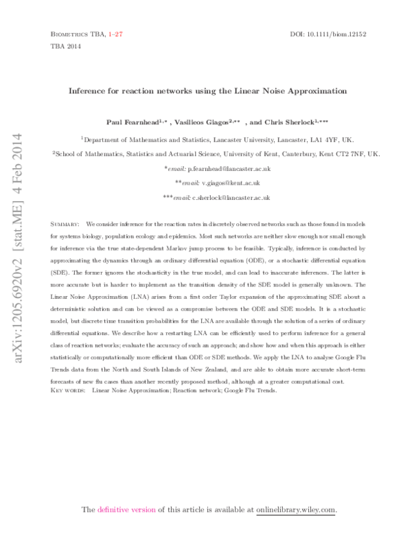(PDF) Inference for reaction networks using the linear noise approximation