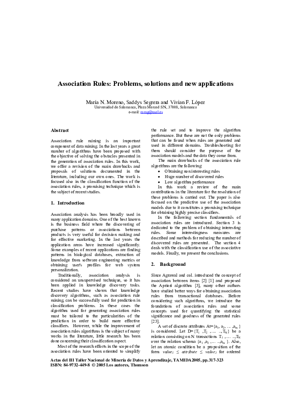 (PDF) Association Rules: Problems, solutions and new applications