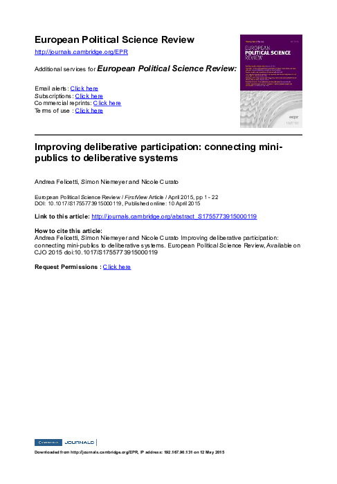 (PDF) Improving Deliberative Participation: Connecting Mini-Publics to Deliberative Systems