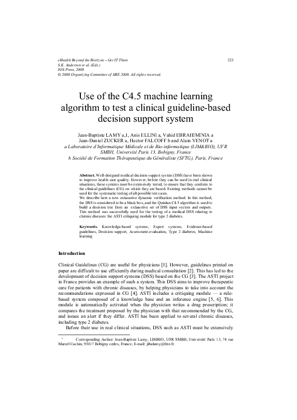 Pdf Use Of The C45 Machine Learning Algorithm To Test A Clinical Guideline Based Decision