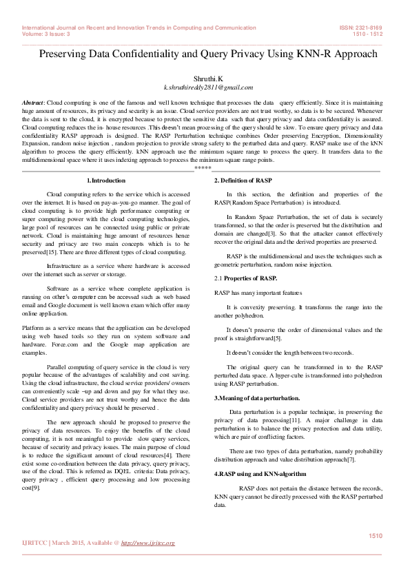 Pdf Preserving Data Confidentiality And Query Privacy Using Knn R Approach