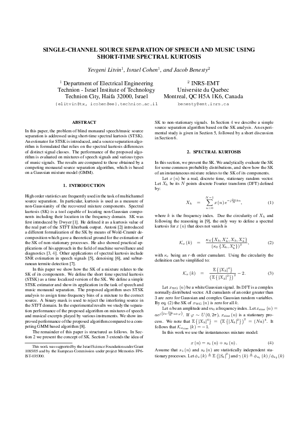(PDF) SINGLE-CHANNEL SOURCE SEPARATION OF SPEECH AND MUSIC USING SHORT-TIME SPECTRAL KURTOSIS