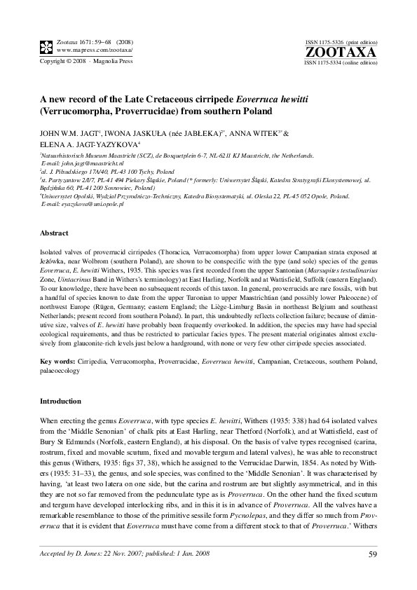 A new record of the Late Cretaceous cirripede Eoverruca hewitti ...