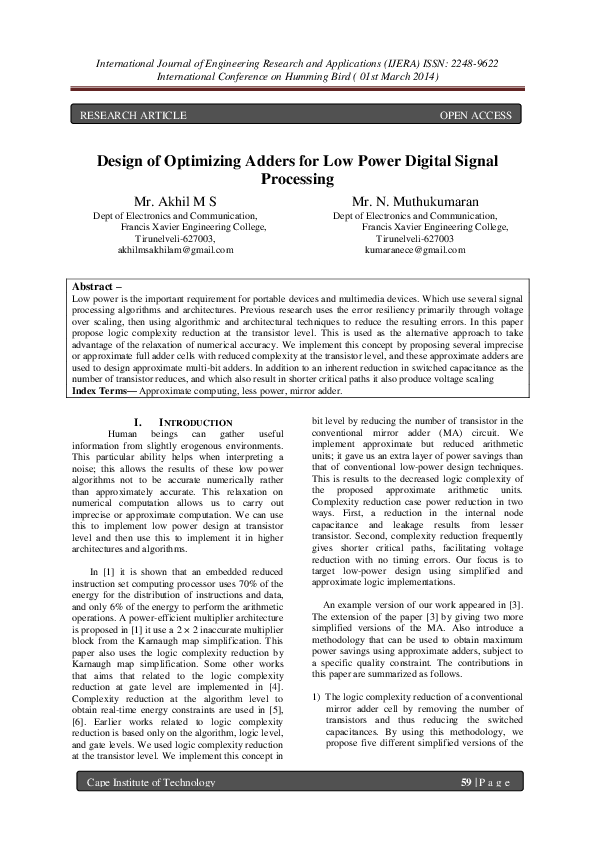 Pdf Design Of Optimizing Adders For Low Power Digital Signal Processing Dr N Muthu Kumaran