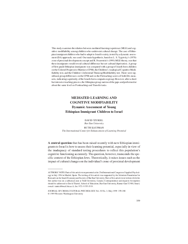 (PDF) Mediated Learning and Cognitive Modifiability: Dynamic Assessment ...