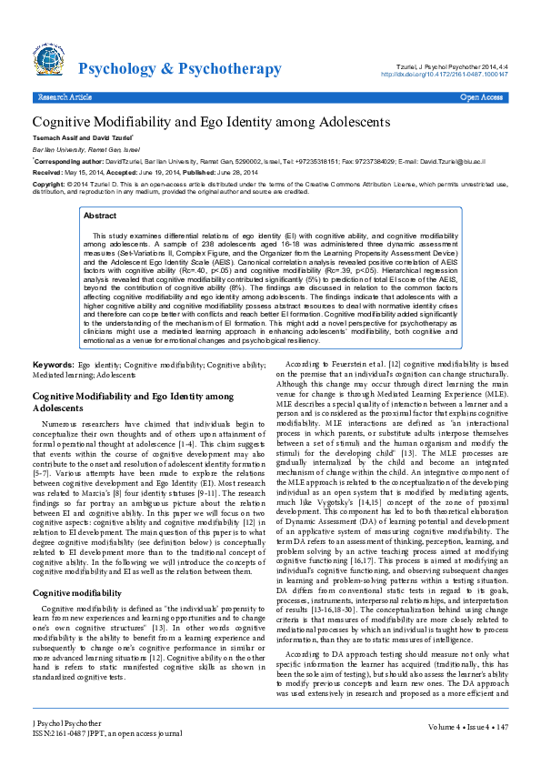 (PDF) Cognitive Modifiability and Ego Identity among Adolescents