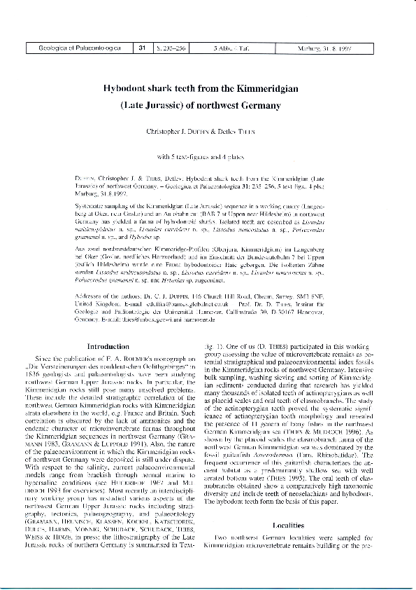 Duffin, C. J. & Thies, D. (1997): Hybodont shark teeth from the ...