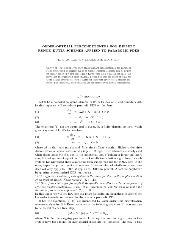(PDF) Order optimal preconditioners for fully implicit Runge-Kutta schemes applied to the ...