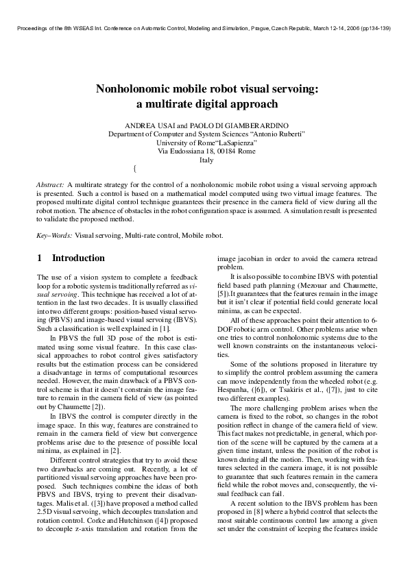 (PDF) Nonholonomic mobile robot visual servoing: a multirate digital approach | Andrea Usai ...