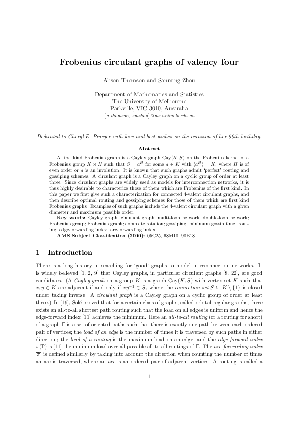 (PDF) FROBENIUS CIRCULANT GRAPHS OF VALENCY FOUR | Sanming Zhou - Academia.edu