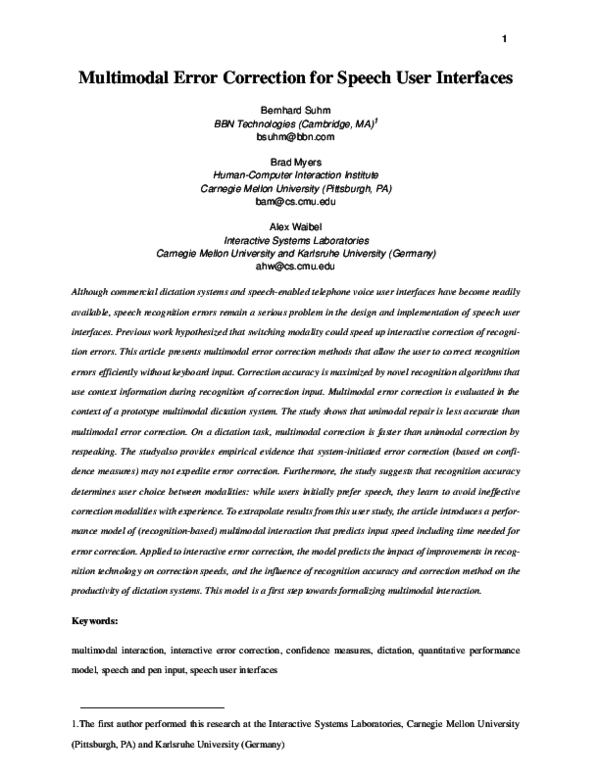 (PDF) Multimodal error correction for speech user interfaces