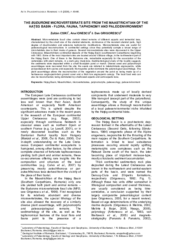 (PDF) The Budurone microvertebrate fossil site from the Maastrichtian of the Haţeg Basin flora ...