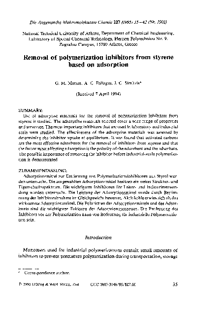 (PDF) Removal of polymerization inhibitors from styrene based on adsorption
