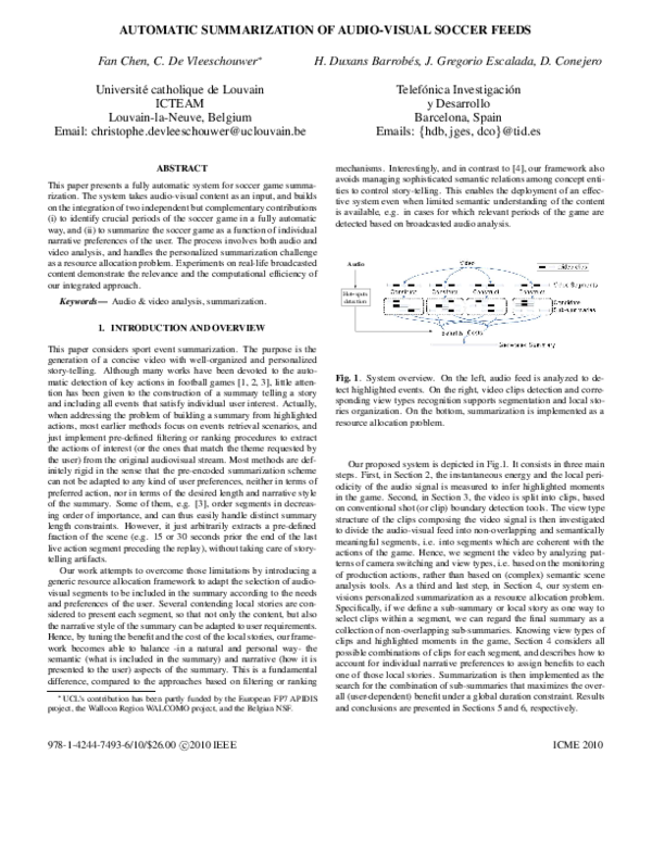 Pdf Automatic Summarization Of Audio Visual Soccer Feeds Christophe De Vleeschouwer