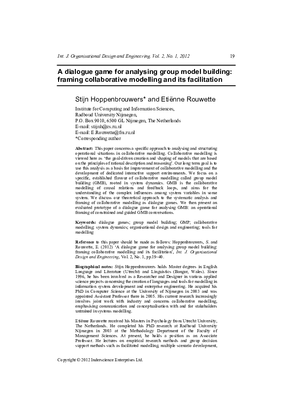 (PDF) A dialogue game for analysing group model building: framing ...