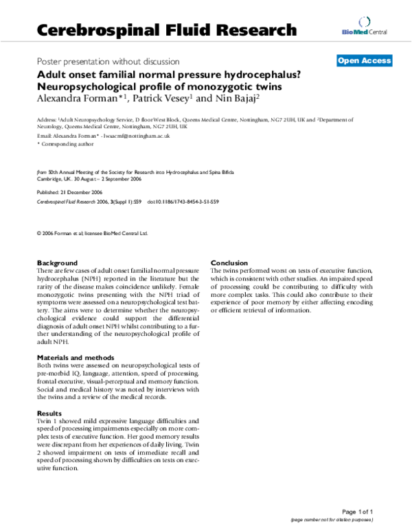 (PDF) Adult onset familial normal pressure hydrocephalus? Neuropsychological profile of ...