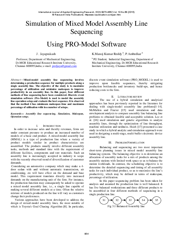 Pdf Simulation Of Mixed Model Assembly Line Sequencing Using Pro