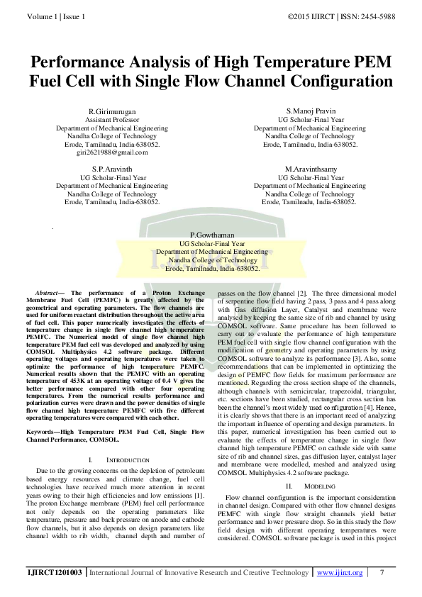 (PDF) Performance Analysis of High Temperature PEM Fuel Cell with Single Flow Channel Configuration