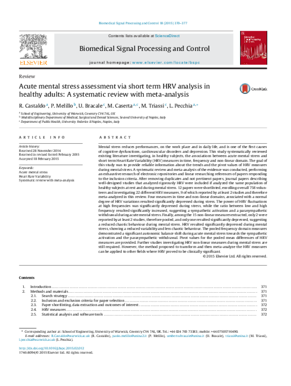 Pdf Acute Mental Stress Assessment Via Short Term Hrv Analysis In Healthy Adults A Systematic