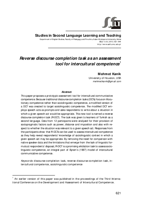 (PDF) Reverse Discourse Completion Task as an Assessment Tool for Intercultural Competence