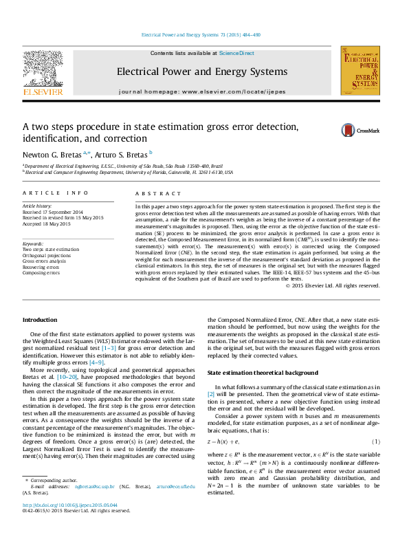 (PDF) A two steps procedure in state estimation gross error detection, identification, and ...