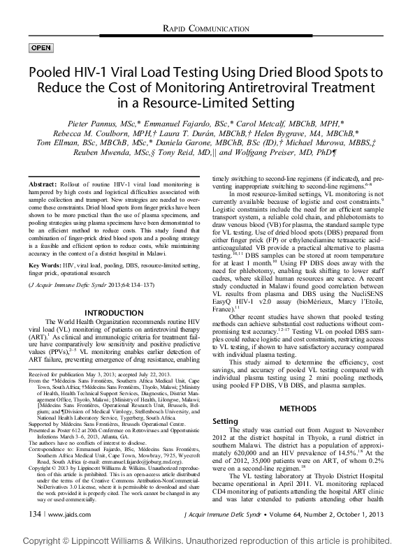 (PDF) Pooled HIV-1 Viral Load Testing Using Dried Blood Spots to Reduce ...