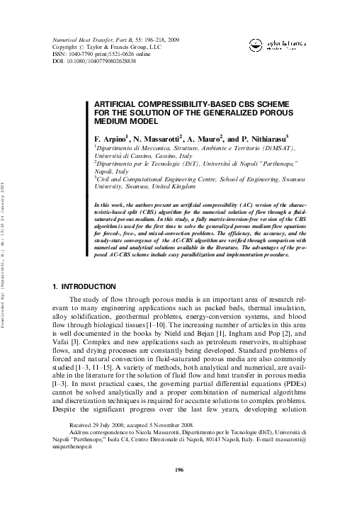 Pdf Artificial Compressibility Based Cbs Scheme For The Solution Of The Generalized Porous