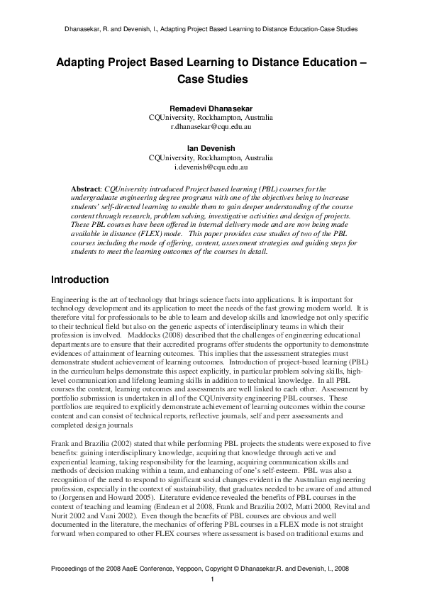 (PDF) Adapting Project Based Learning to Distance Education - Case Studies