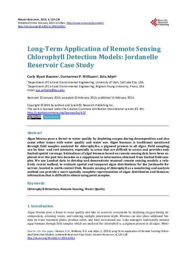 Pdf Long Term Application Of Remote Sensing Chlorophyll Detection Models Jordanelle Reservoir