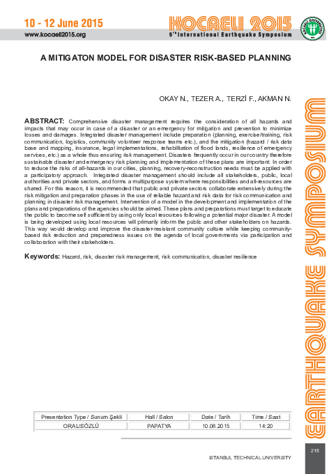 (PDF) A mitigation model for disaster risk-based planning