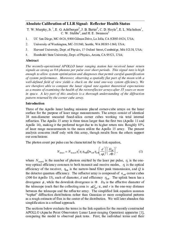(PDF) Absolute Calibration of LLR Signal: Reflector Health Status