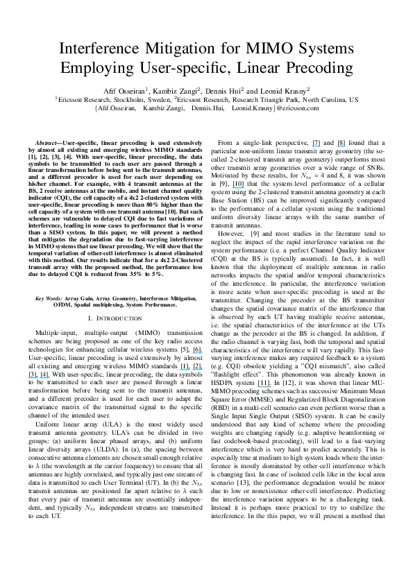 Pdf Interference Mitigation For Mimo Systems Employing User Specific Linear Precoding