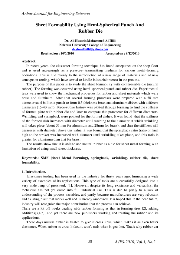 (PDF) Sheet Formability Using Hemi-Spherical Punch And Rubber Die