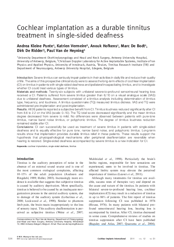 (PDF) Cochlear implantation as a durable tinnitus treatment in single ...