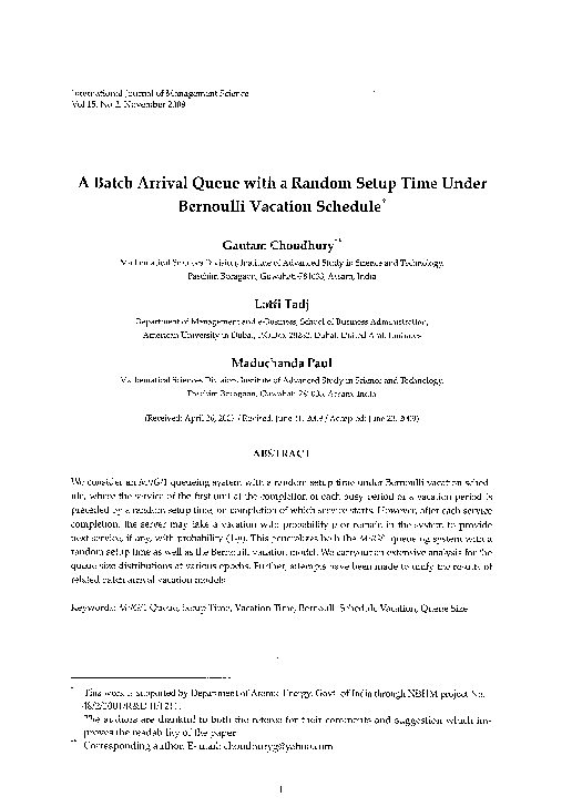 (PDF) A Batch Arrival Queue with a Random Setup Time Under Bernoulli Vacation Schedule
