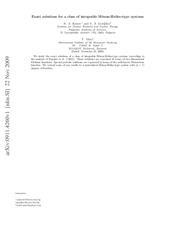 (PDF) Exact solutions for a class of integrable Hénon–Heiles-type systems