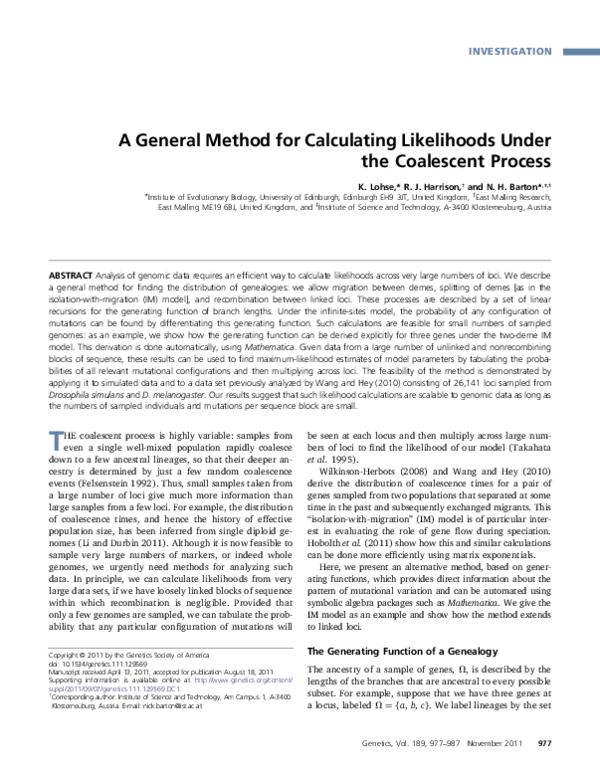 (PDF) A General Method for Calculating Likelihoods Under the Coalescent ...
