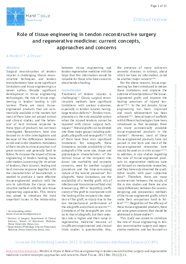 (PDF) Role of tissue engineering in tendon reconstructive surgery and ...