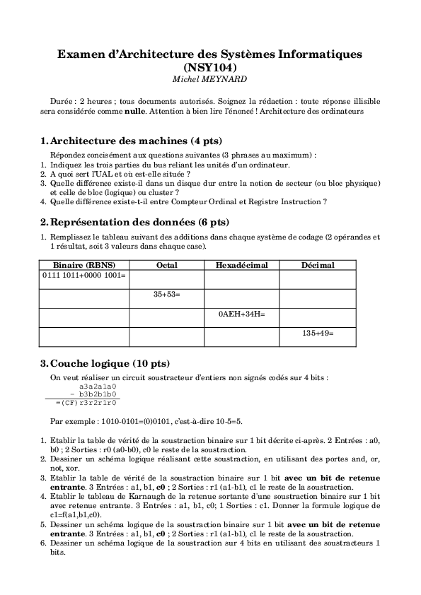 (PDF) Examen d'Architecture des Systèmes Informatiques (NSY104