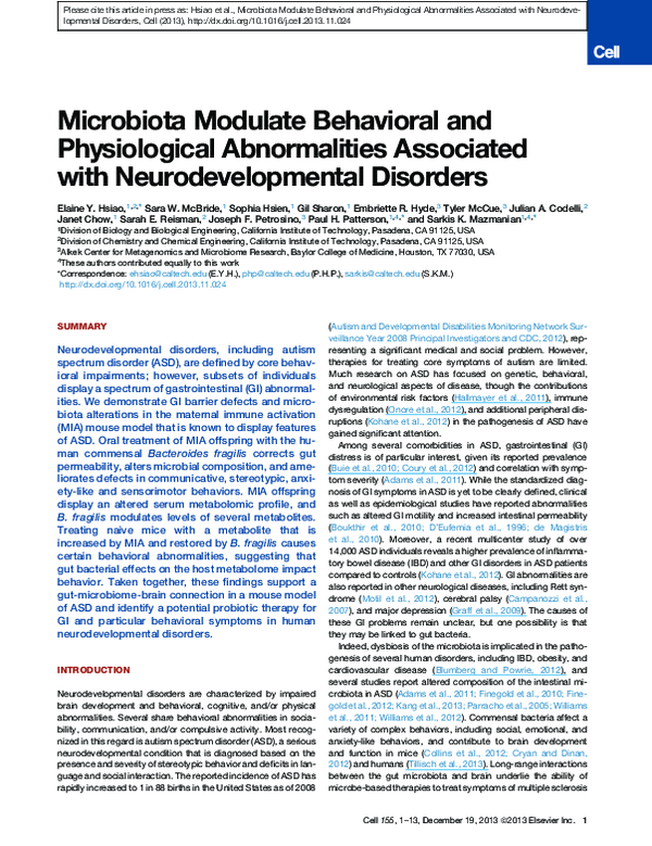 (PDF) Title Cross talk : the microbiota and neurodevelopmental disorders | Chiara Minuto ...