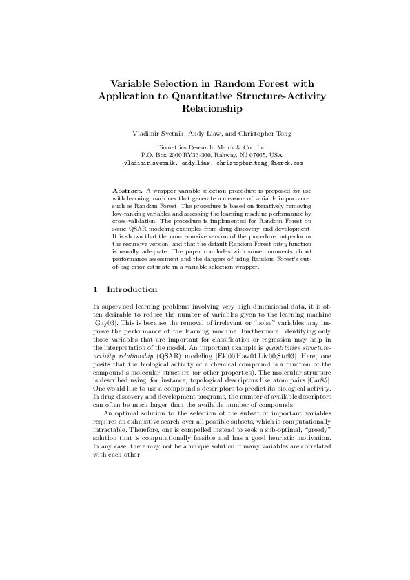 (PDF) Variable selection in random forest with application to quantitative structure-activity ...