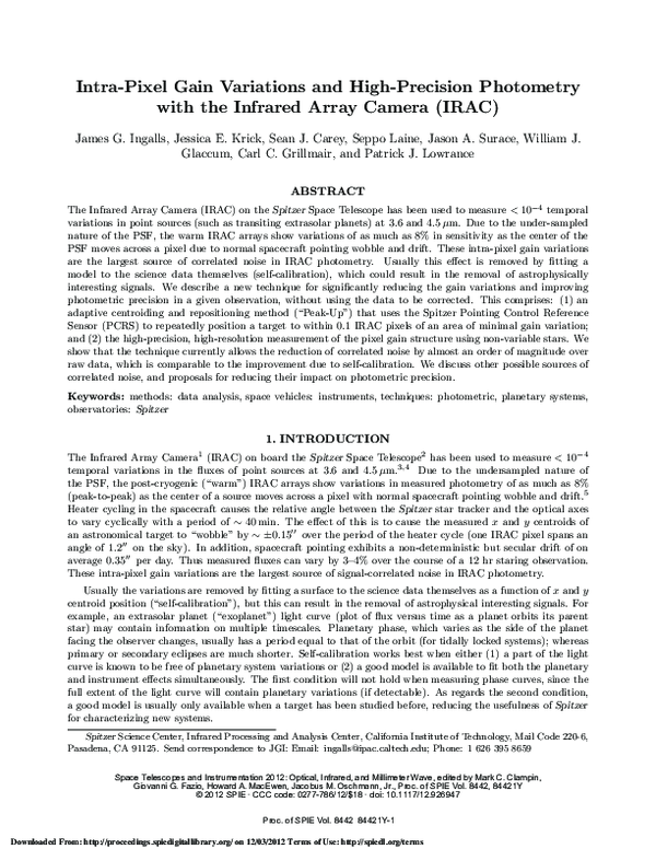 (PDF) Intra-pixel gain variations and high-precision photometry with the Infrared Array Camera ...
