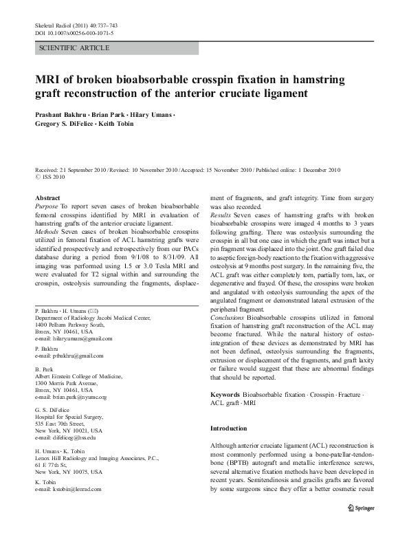 (PDF) MRI of broken bioabsorbable crosspin fixation in hamstring graft ...