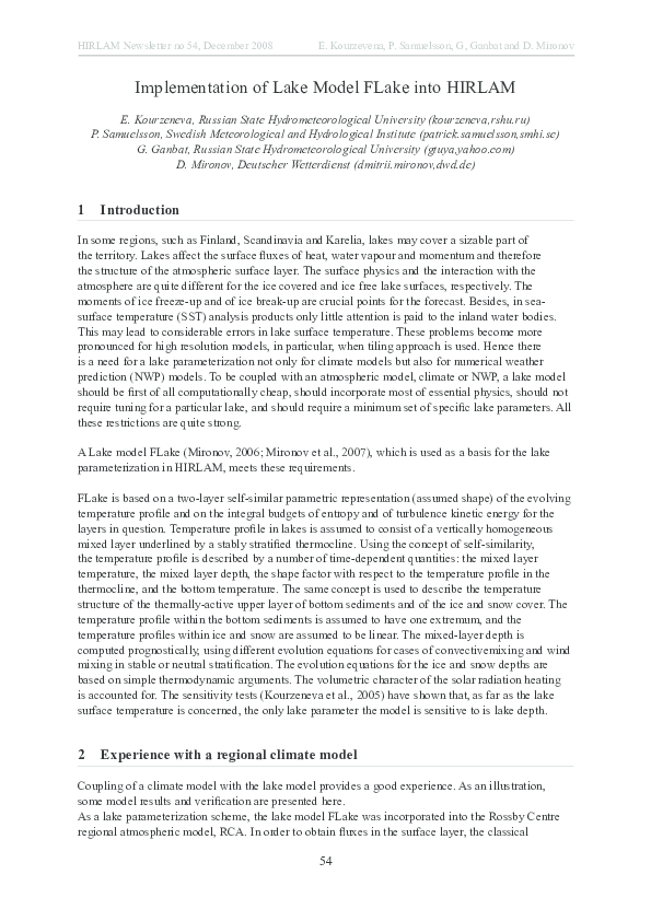 (PDF) Implementation of Lake Model FLake into HIRLAM