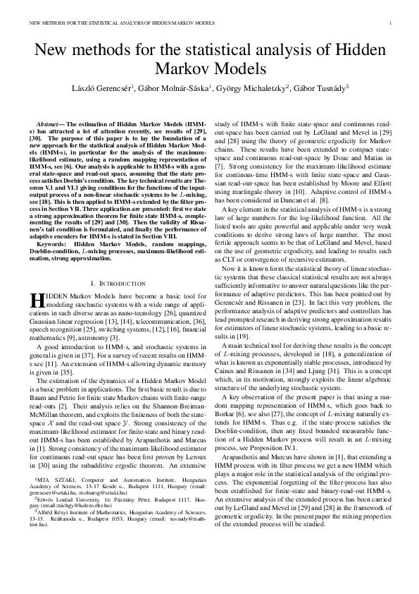 (PDF) New methods for the statistical analysis of Hidden Markov Models