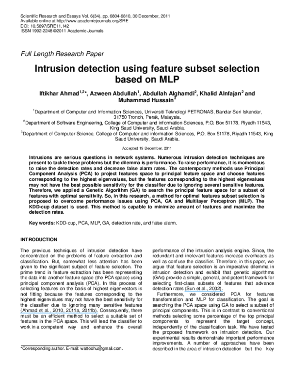 Pdf Intrusion Detection Using Feature Subset Selection Based On Mlp