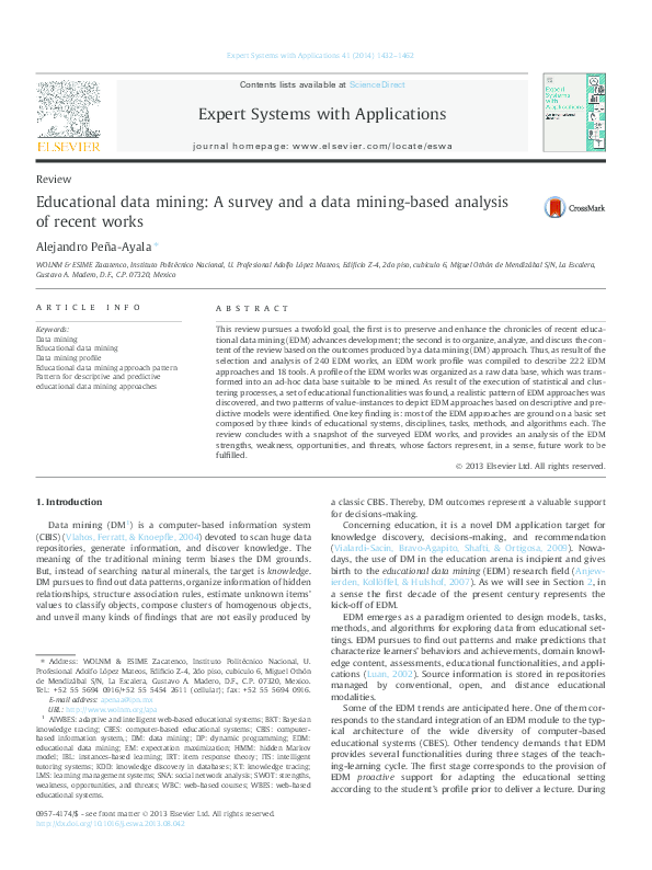(PDF) Educational data mining A survey and a data mining based analysis of recent works 2014 ...