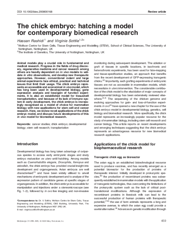 (PDF) The chick embryo: hatching a model for contemporary biomedical ...