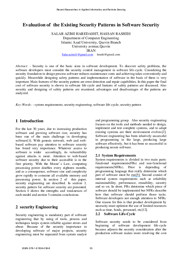 (PDF) Evaluation of the existing security patterns in software security